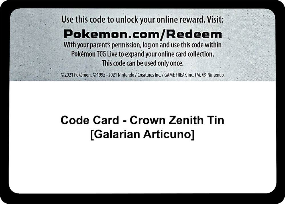 Code Card - Crown Zenith Tin [Galarian Articuno] - Crown Zenith ...
