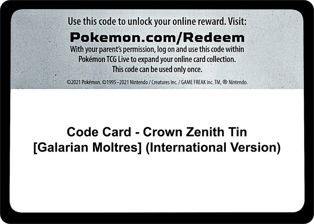 Code Card - Crown Zenith Tin [Galarian Moltres] (International Version) - Crown Zenith - Pokemon ...