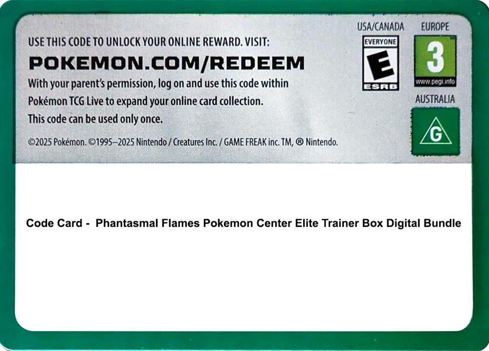 Code Card - Phantasmal Flames Pokemon Center Elite Trainer Box Digital ...